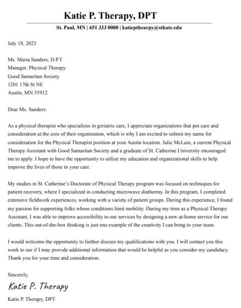 Physical Therapy Cover Letter Example Katiecareer Virtual Career Center
