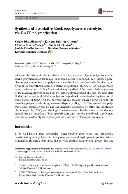 Pdf Synthesis Of Associative Block Copolymers Electrolytes Via Raft Polymerization Enrique