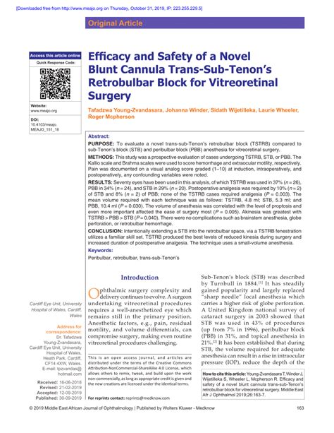 Pdf Efficacy And Safety Of A Novel Blunt Cannula Trans Sub Tenons Retrobulbar Block For