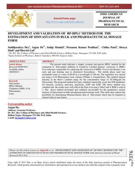 Pdf Development And Validation Of Rp Hplc Method For The Estimation Of Simvastatin In Bulk And