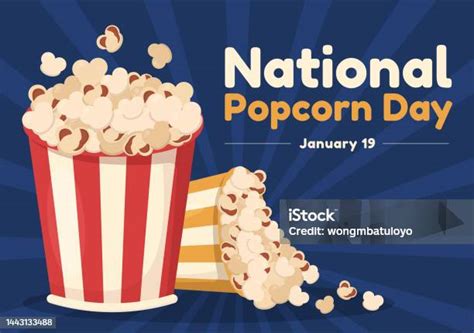 1월 19일 전국 팝콘의 날에는 평평한 만화 배경에 빨간색과 흰색 줄무늬의 큰 상자가 있습니다 손으로 그린 템플릿 그림 팝콘에 대한 스톡 벡터 아트 및 기타 이미지 Istock