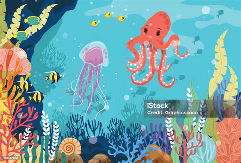 열대 수중 해파리와 산호초의 문어 자연 속의 바다 생물 다채로운 해양 풍경 바닷속에 대한 스톡 벡터 아트 및 기타 이미지 바닷속 산호초 대양저 Istock