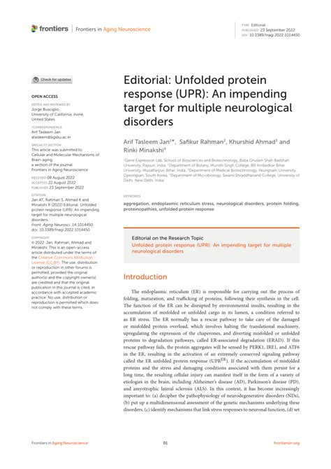 Pdf Editorial Unfolded Protein Response Upr An Impending Target For Multiple Neurological