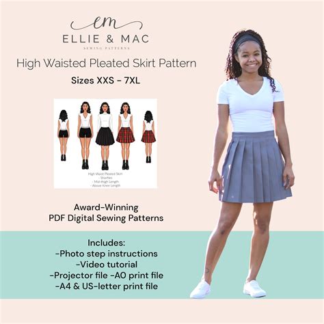 High Waisted Pleated Skirt Pattern Sizes Xxs 7xl Digital Pdf