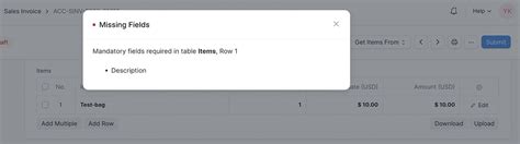 how to fix mandatory fields required in table items description