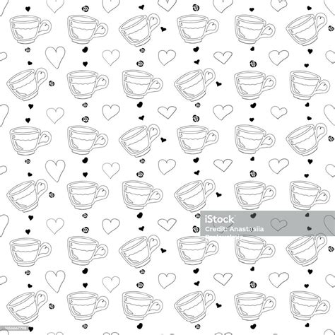손으로 그린 빈티지 찻잔 원활한 패턴은 하트 장미로 장식되어 있습니다 낙서 커피 머그잔 원활한 패턴 귀여운에 대한 스톡 벡터 아트 및 기타 이미지 Istock