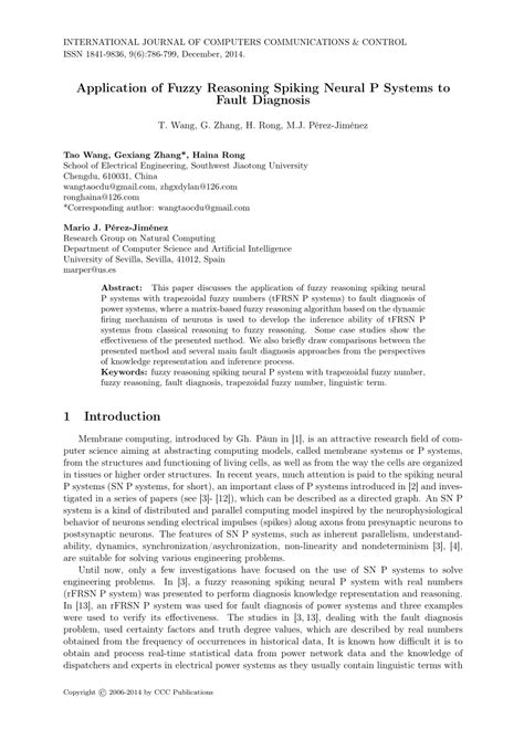 Pdf Application Of Fuzzy Reasoning Spiking Neural P Systems To Fault Diagnosis