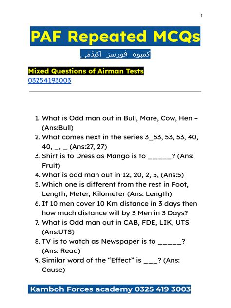 Paf Repeated Mcqs By Kamboh Forces Academy Pdf Angle Linear Algebra