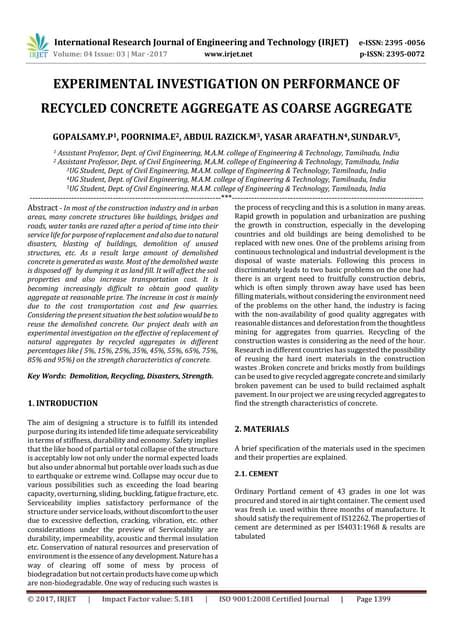 Experimental Investigation On Performance Of Recycled Concrete