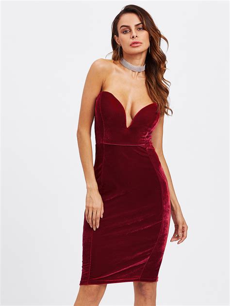 Plunging V Neckline Strapless Velvet Dress Shein Sheinside