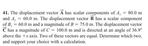 Solved The Displacement Vector Vec A Has Scalar Components Chegg