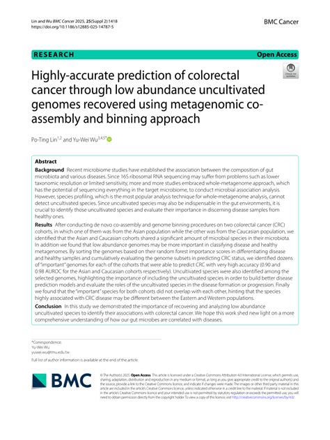 Pdf Highly Accurate Prediction Of Colorectal Cancer Through Low Abundance Uncultivated Genomes