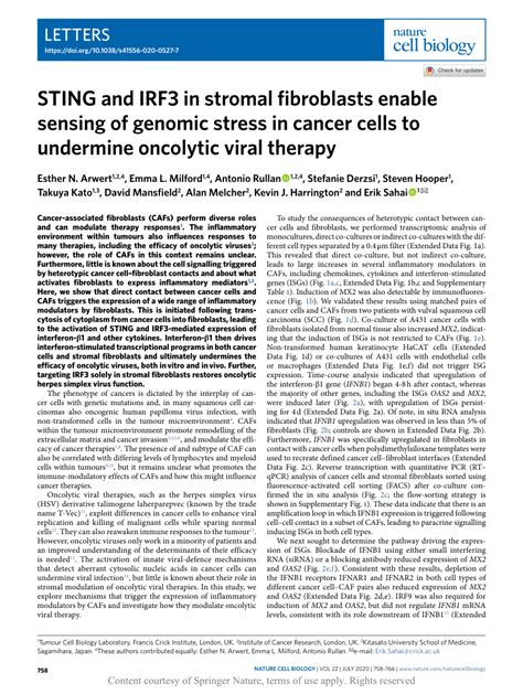Sting And Irf3 In Stromal Fibroblasts Enable Sensing Of Genomic Stress In Cancer Cells To