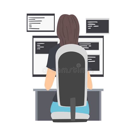 female programmer character coding on laptop computer vector