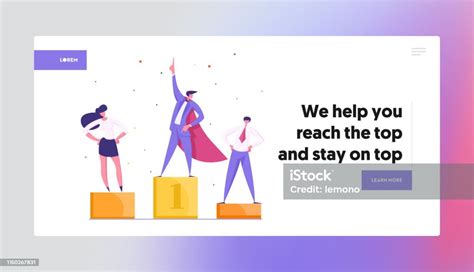 우승 연단 1 위 웹 배너에 서 행복 한 사업가 슈퍼 사업가 팀웍 협력 경력 목표 성취 개념 문자 방문 페이지 벡터 평면 그림 인센티브에 대한 스톡 벡터 아트 및 기타