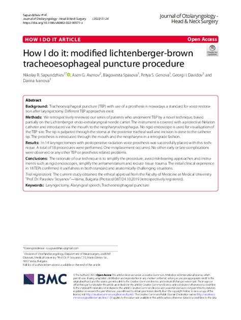 Pdf How I Do It Modified Lichtenberger Brown Tracheoesophageal Puncture Procedure