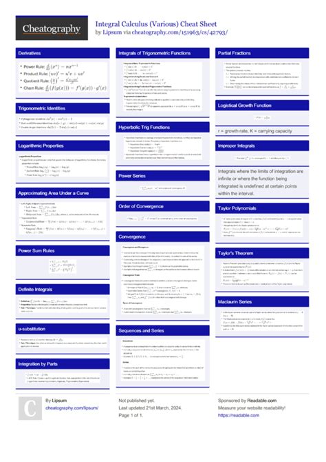 Integral Calculus Various Cheat Sheet By Lipsum Download Free From