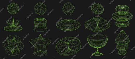 Premium Vector Geometry Wireframe Shapes And Grids In Neon Green Color 3d Abstract Shapes 00s