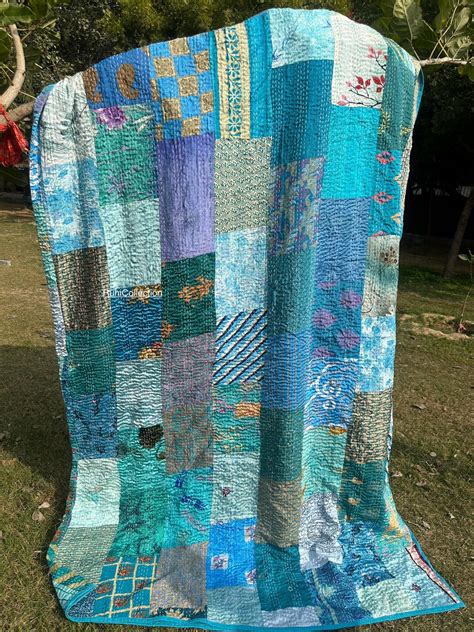 Vintage Silk Kantha Quilt Indian Patchwork Throw Blanket King Size