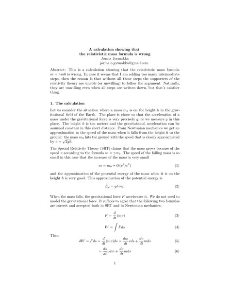Pdf A Calculation Showing That The Relativistic Mass Formula Is Wrong