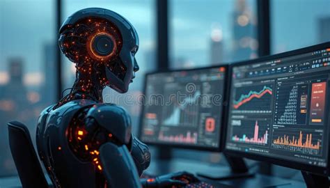 Artificial Intelligence Robot Analyzes Data On Multiple Computer Screens Ai Robot Looks At