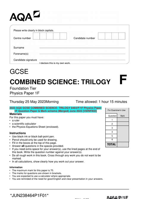 2023 Aqa Gcse Combined Science Trilogy 8464 P 1f Physics Paper 1f Question Paper And Mark Scheme
