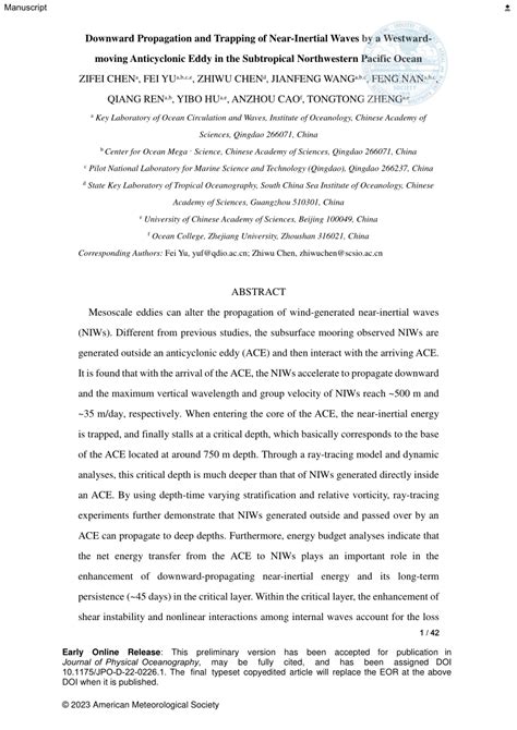 Pdf Downward Propagation And Trapping Of Near Inertial Waves By A