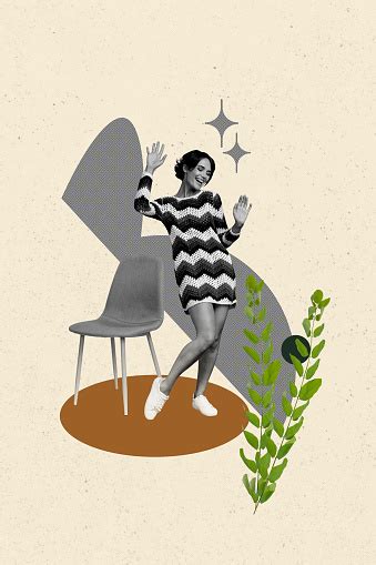 행복 한 소녀 댄스 주말 파티 실내 의자 나뭇잎 식물 클럽 엔터테인먼트 절연 그린 배경의 수직 사진 콜라주 25 29세에 대한 스톡 사진 및 기타 이미지 Istock