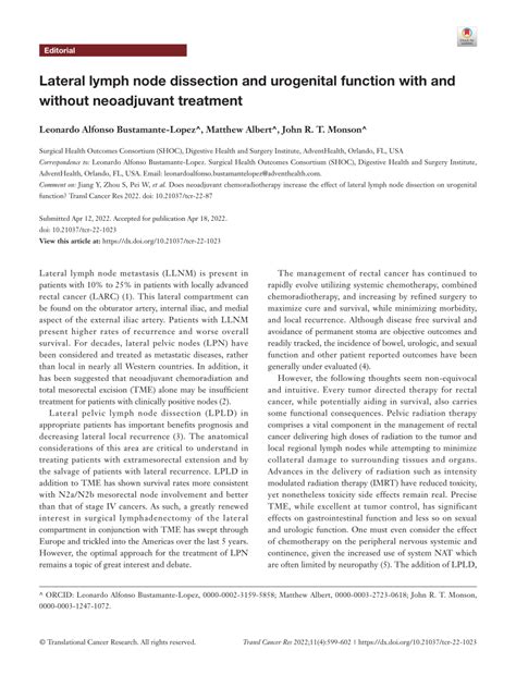 Pdf Lateral Lymph Node Dissection And Urogenital Function With And Without Neoadjuvant Treatment