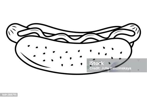 겨자를 곁들인 핫도그 패스트 푸드 선형 아이콘입니다 미국 길거리 음식 손으로 그린 낙서 그림입니다 가공육에 대한 스톡 벡터 아트