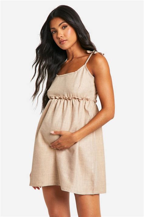 Maternity Linen Look Strappy Mini Smock Dress Boohoo Uk