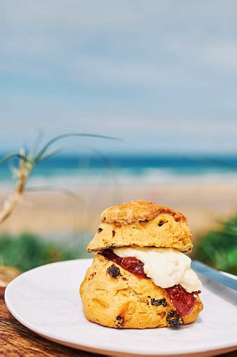 화창한 날에 뉴퀘이 주피스트랄 비치 위의 모래 언덕 해안에 있는 전통적인 코니쉬 응고 크림 스콘 0명에 대한 스톡 사진 및 기타 이미지 Istock