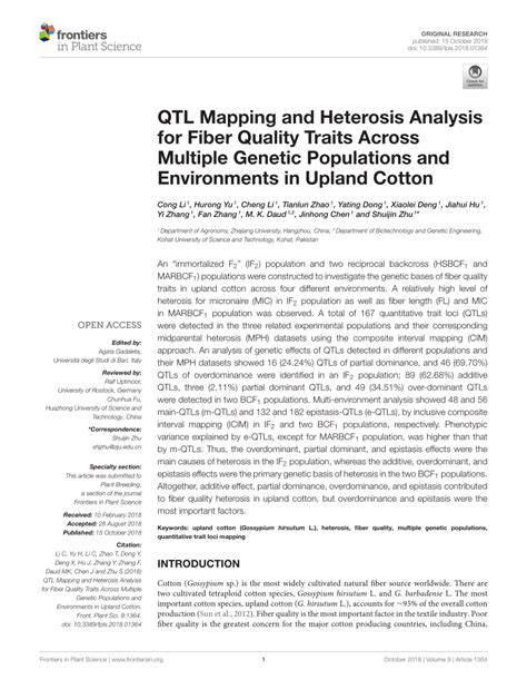 Pdf Qtl Mapping And Heterosis Analysis For Fiber Quality Traits