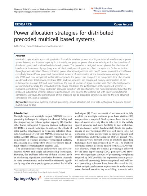 Pdf Power Allocation Strategies For Distributed Precoded Multicell Based Systems