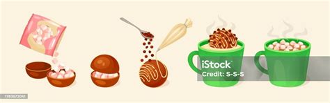 초콜릿 폭탄 요리 코코아 폭탄 마시멜로 준비 맛있는 디저트 머그잔 뜨거운 카페 음료 고급 과자 음식 과자 아침 식사 초코 공 Neoteric 벡터 일러스트 레이 션 갈색에