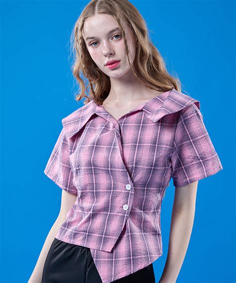 콜릿 여름 휴양지 랩 오프숄더 체크 쿨링 슬림 반팔셔츠 Pink