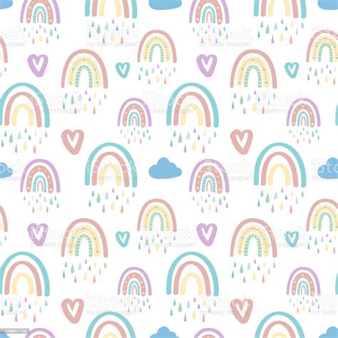귀여운 무지개와 하트 매끄러운 패턴 발렌타인 데이를위한 낭만적 인 패턴세련된 스칸디나비아 스타일의 크리에이티브 어린이 일러스트 벡터 일러스트레이션 귀여운에 대한 스톡 벡터