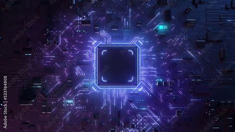 Concept Animation Shows The Process Of Turning On The CPU In The Motherboard Digital Pulses And