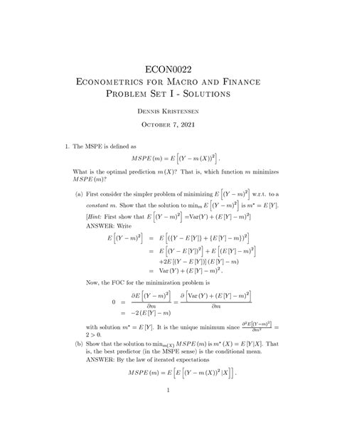 Problem Set Solutions ECON Econometrics For Macro And Finance Problem Set I Solutions