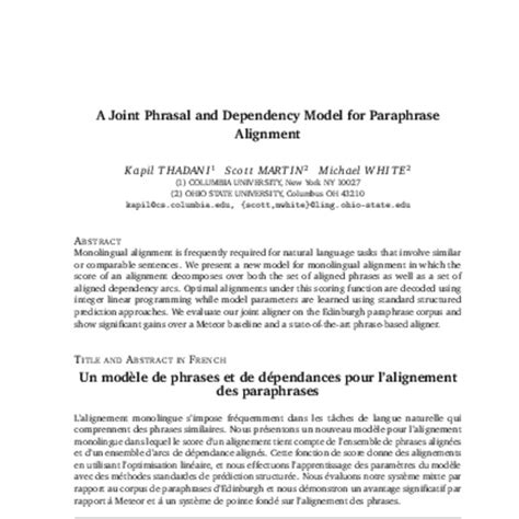 A Joint Phrasal And Dependency Model For Paraphrase Alignment Acl Anthology