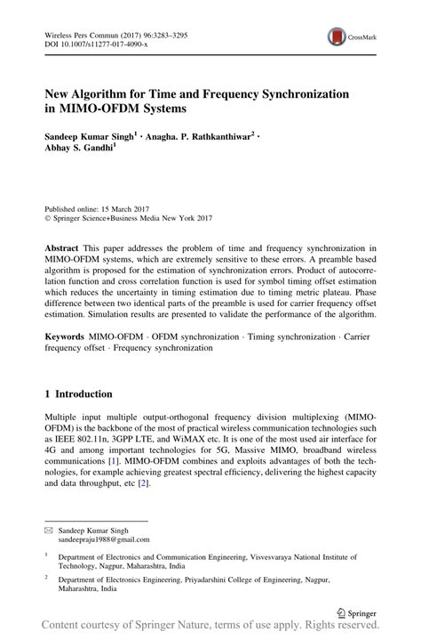 New Algorithm For Time And Frequency Synchronization In Mimo Ofdm