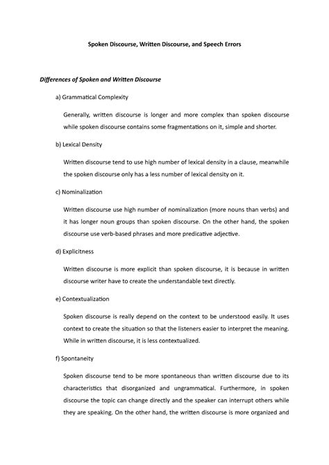 Spoken Discourse Written Discourse And Speech Errors Spoken Discourse Written Discourse