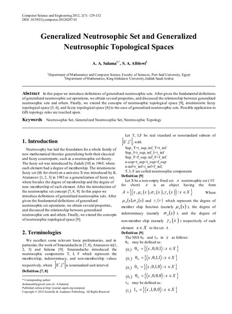 Pdf Generalized Neutrosophic Set And Generalized Neutrosophic Topological Spaces