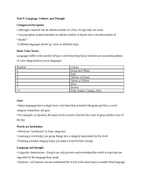 Psyc 316 Unit 9 Lecture Note Unit 9 Professor Piccin Unit 9 Language Culture And Thought