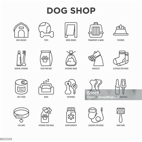 개 가게 얇은 라인 아이콘 세트 운송 피더 장난감 문 치과 위생 총구 간식 위생 가방 건조 식품 젖은 음식 칼라 헤어 케어 보충제 벡터 그림입니다 아이콘에 대한 스톡 벡터