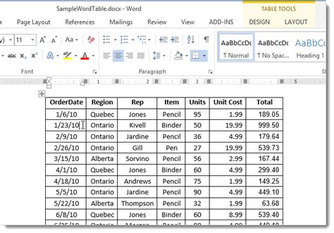 how to quickly move a row in a word 2013 table