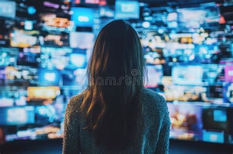 businesswoman analyzing big data on multiple screens in a futuristic