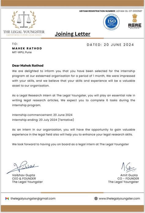 Mahek Rathod On Linkedin Excited To Work With The Legal Youngster For