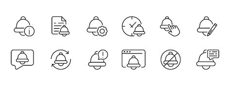 벨 설정 아이콘입니다 알람 시계 알림 파일 이벤트 예약 설정 알림 알레르기 다시 시작 벨소리 무음 모드 중요 알림 시간 관리 시간 엄수 벡터 블랙 세트 라인 아이콘 기민에