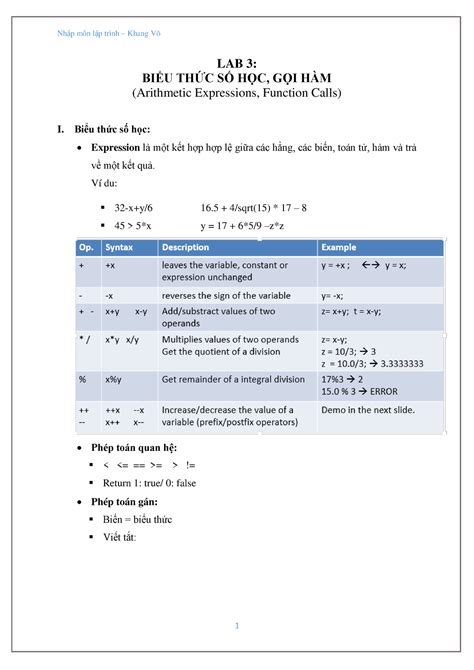 3 Arithmetic Expressions Lab 3 BiÞu Thþc SÞ HÞc GÞi HÀm Arithmetic Expressions Function